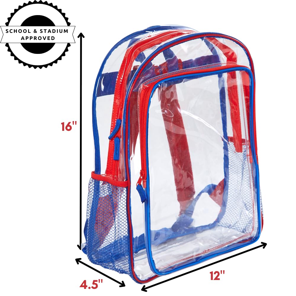 Large Clear Backpack for Kids with Super Mario Bros School Supplies Set, 16 inch Stadium Approved Transparent Bag, Red and Blue