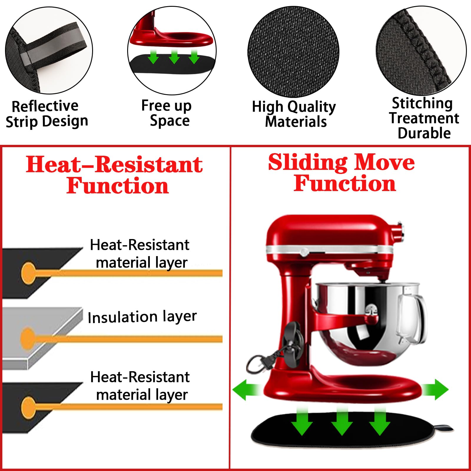 Sliding Mat for Kitchen aid 4.5-5 Qt Tilt-Head Stand Mixer,Mixer Mover Slider Mat Pad with 4 Pack Cord Organizers for Appliances,Heat Resistant Mat For Appliance,Kitchen aid Mixers Accessories.