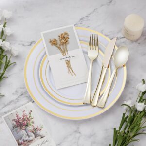 BESTVIP 600PCS Plastic Dinnerware Set (100 Guests), Gold Disposable Plates for Party, Wedding, Anniversary, Includes: Dinner Plates, Dessert Plates, Cups, Spoons, Forks and Knives