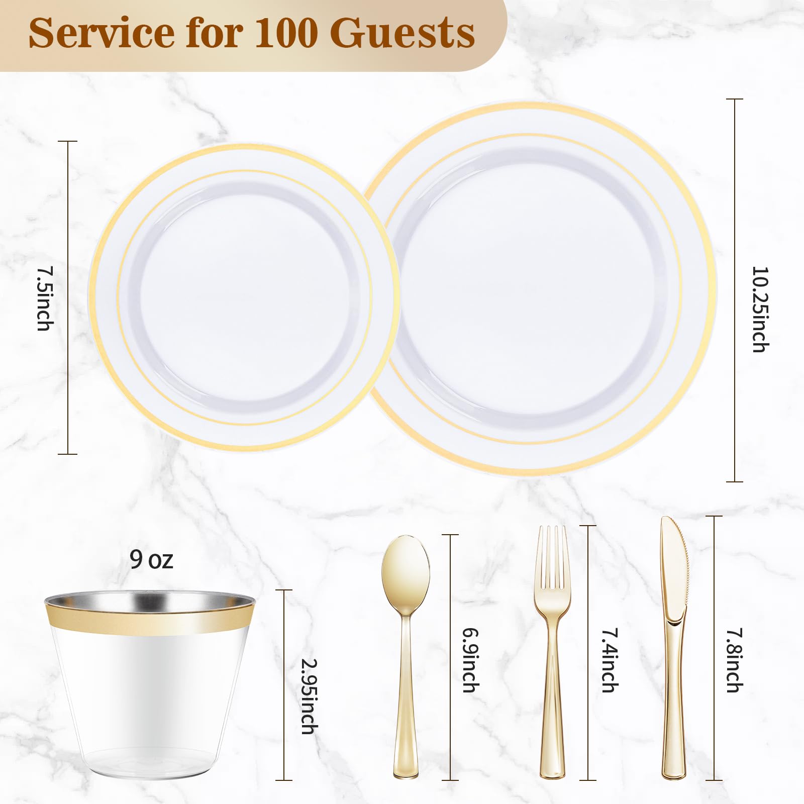 BESTVIP 600PCS Plastic Dinnerware Set (100 Guests), Gold Disposable Plates for Party, Wedding, Anniversary, Includes: Dinner Plates, Dessert Plates, Cups, Spoons, Forks and Knives