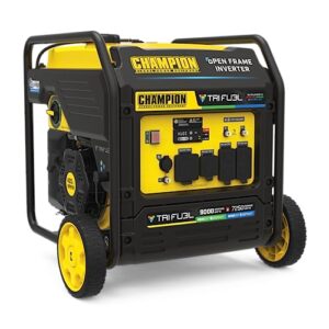 champion power equipment 201176 9000-watt electric start tri-fuel open frame inverter generator with co shield