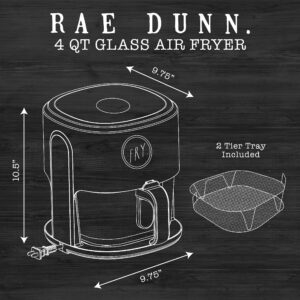 Rae Dunn 1200W 4Qt Air Fryer with GLASS Frying Basket, Dishwasher Safe, 2 Tier Tray, 60 Minute Timer, Digital Touch Display, and 6 Presets - Variable Temperature Control 175F - 400F, Grey