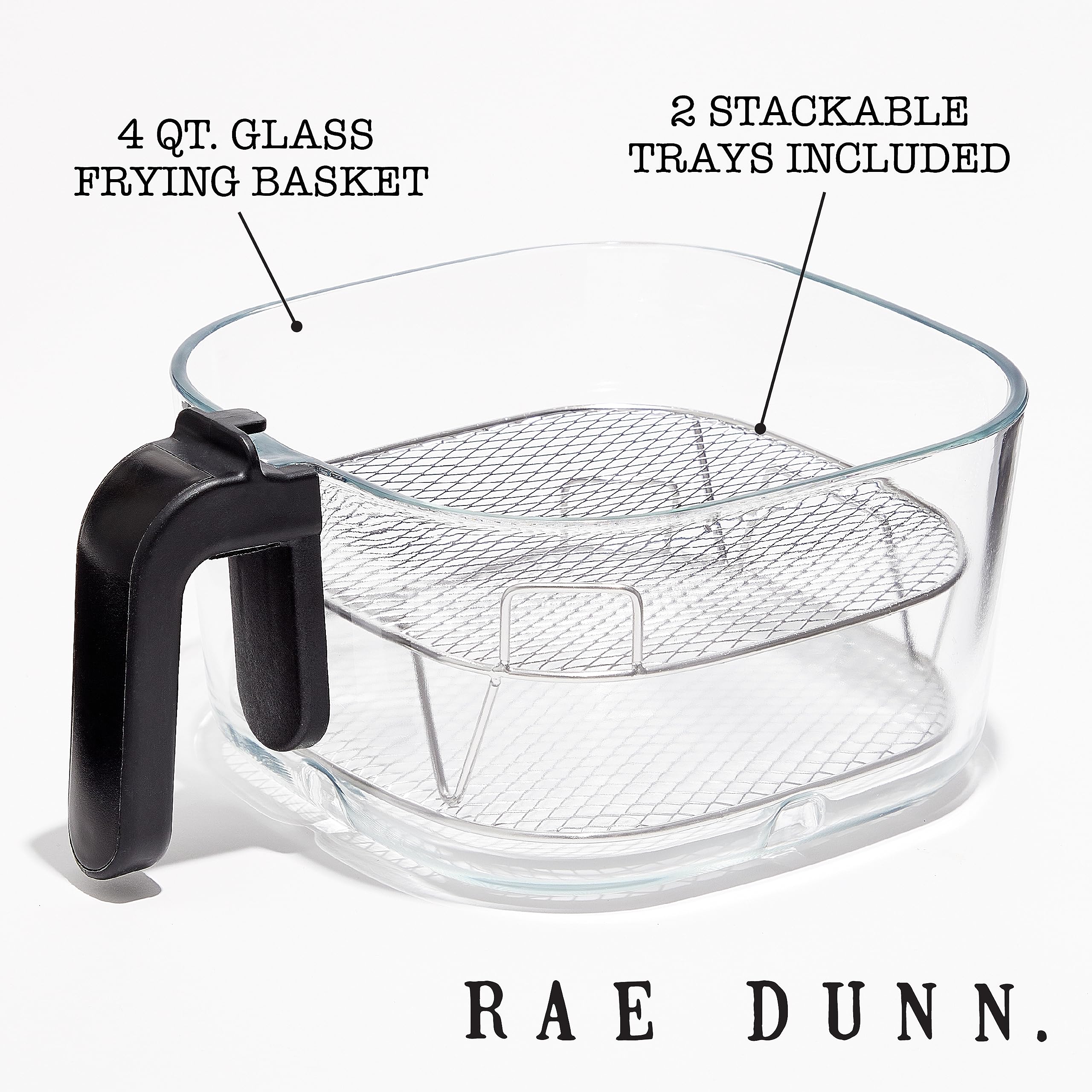 Rae Dunn 1200W 4Qt Air Fryer with GLASS Frying Basket, Dishwasher Safe, 2 Tier Tray, 60 Minute Timer, Digital Touch Display, and 6 Presets - Variable Temperature Control 175F - 400F, Grey