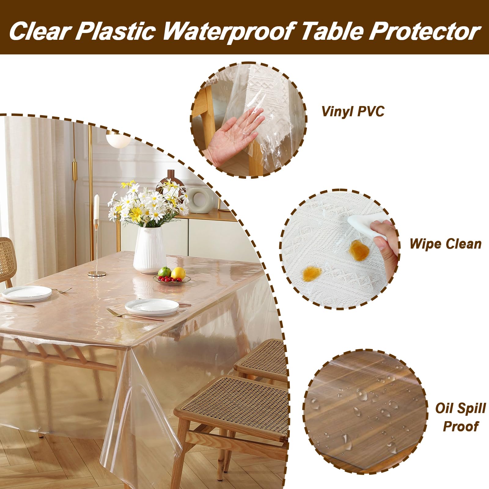 Fixwal Clear Plastic Table Cover Protector 54 x 78 Inch 100% Waterproof Vinyl PVC Table Cloth, Oil Spill Proof, Wipe Clean Rectangle Table Cover for Dining Table, Parties & Camping