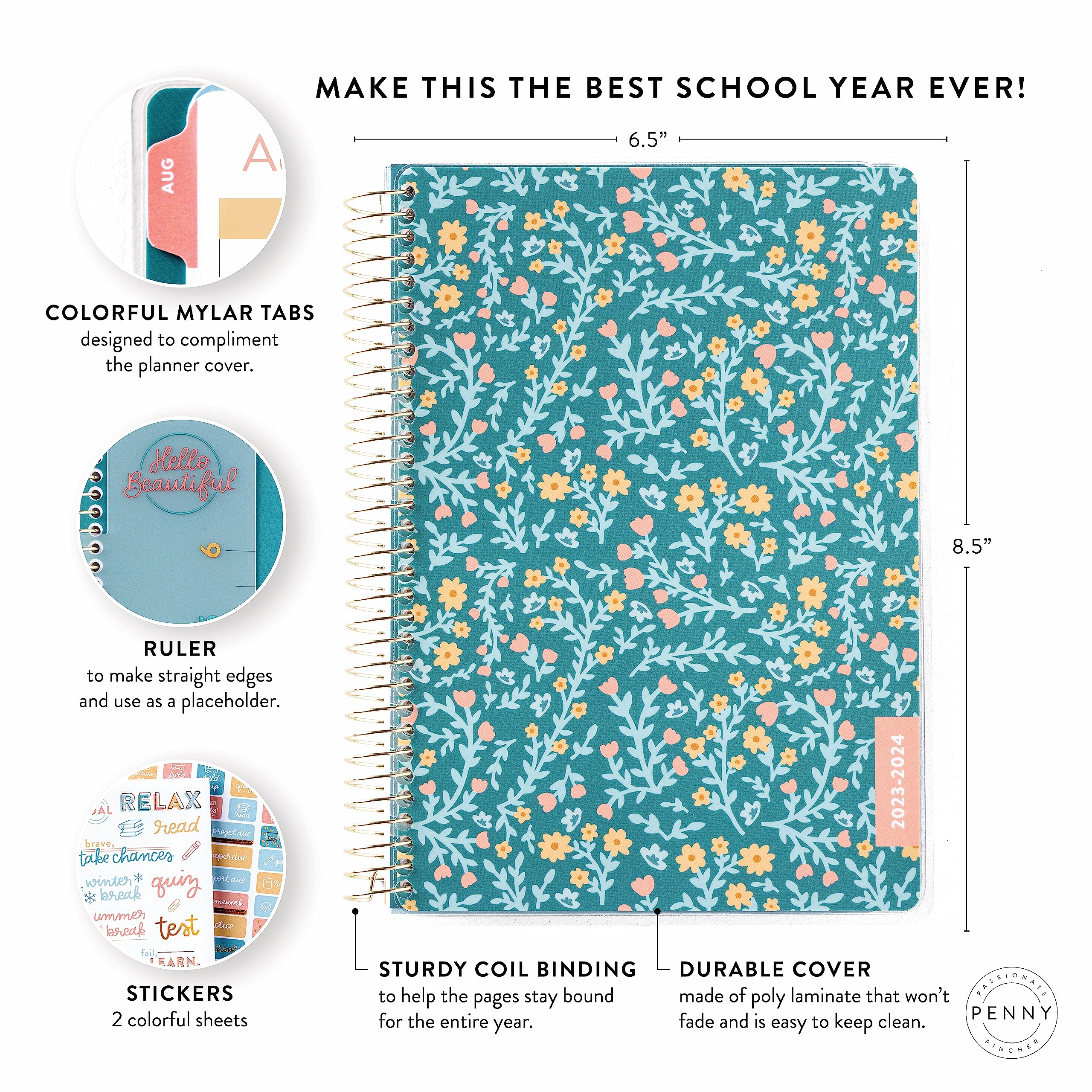 PPP Academic Planner 2023-2024 (Floral) - Student Planner | Weekly & Monthly Checklist | Class Schedule Layout | Budget & Savings Worksheets | Sturdy Coil Binding w/Stickers | Poly Laminated Cover…