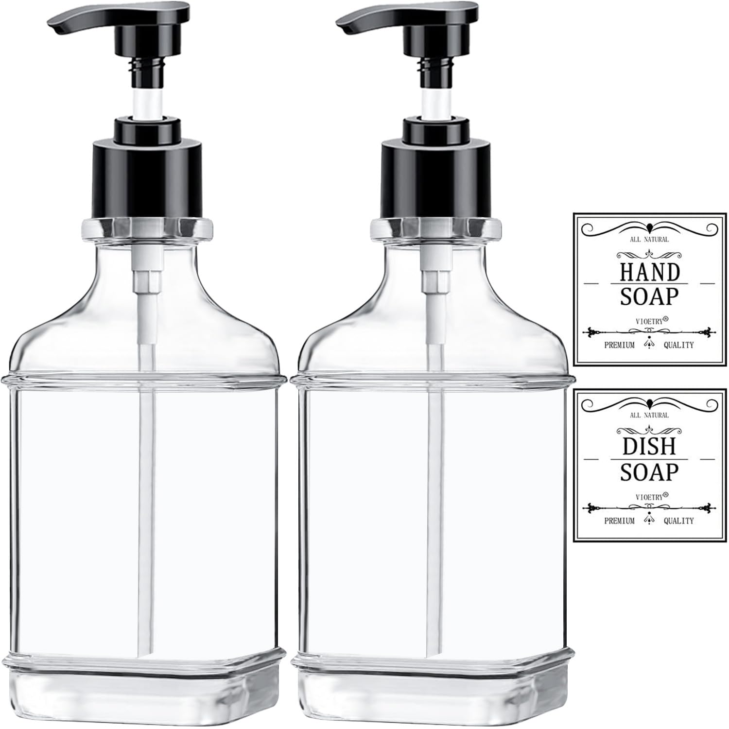 Clear Soap Dispenser with Pump, Waterproof Labels (2 Pack,18 Oz), Plastic Hand Soap Dispenser, Dish Soap Dispenser for Kitchen and Bathroom, Soap Dispenser Bathroom Bottle