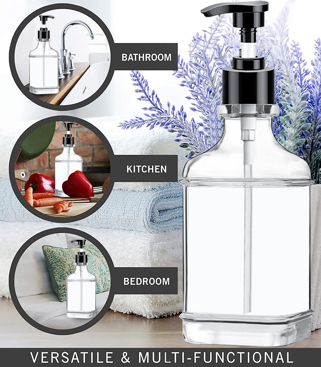 Clear Soap Dispenser with Pump, Waterproof Labels (2 Pack,18 Oz), Plastic Hand Soap Dispenser, Dish Soap Dispenser for Kitchen and Bathroom, Soap Dispenser Bathroom Bottle