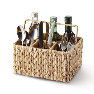 acahome wicker silverware caddy with handle - hand woven flatware caddy for countertop, picnic - handmade utensil holder organizer for kitchen, office, bathroom, bedroom (water hyacinth)