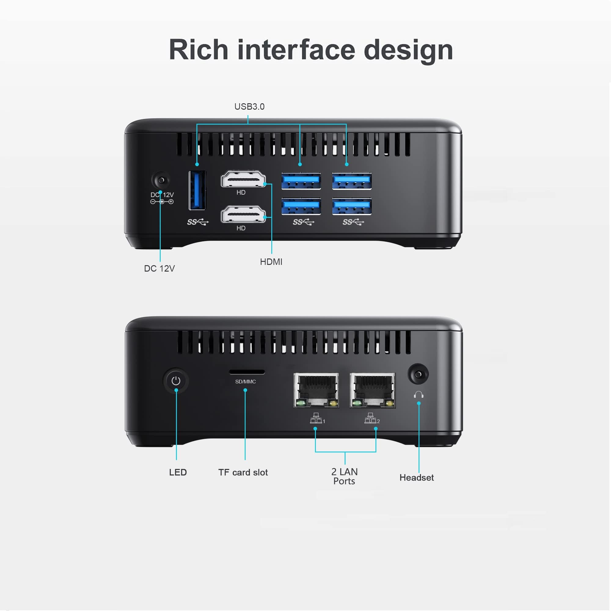 Mini PC Windows 10, Mini Desktop Intel Celeron J3455 6GB DDR4, 128GB SSD, Mini Computer with Dual LAN Ports, Dual HDMI, 5 USB3.0, 2.4G/5G WiFi, BT 4.2