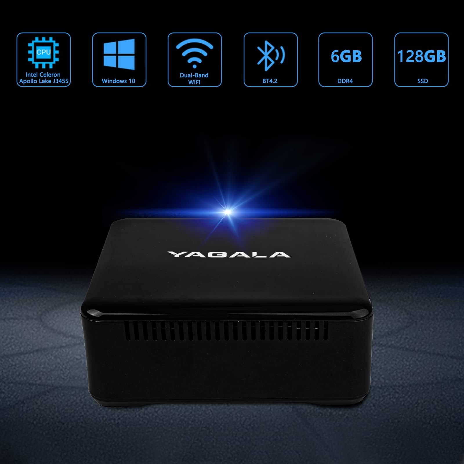 Mini PC Windows 10, Mini Desktop Intel Celeron J3455 6GB DDR4, 128GB SSD, Mini Computer with Dual LAN Ports, Dual HDMI, 5 USB3.0, 2.4G/5G WiFi, BT 4.2