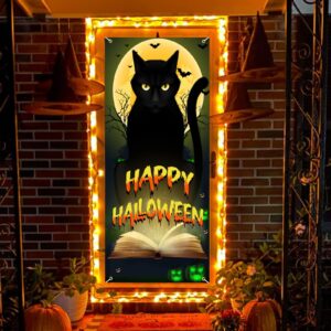 halloween black cat door banner, scary cat halloween door cover halloween door decorations trick or treat halloween party banner for front door porch halloween party supplies horror decor backdrop