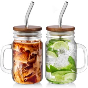 drastar mason jar cups with lids and straws, 16oz mason jar with handle, glass cups with acacia wood lids, mason jar drinking glasses cups set of 2