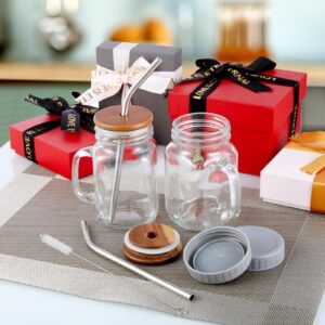 DRASTAR Mason Jar Cups with Lids and Straws, 16oz Mason Jar with Handle, Glass Cups with Acacia Wood Lids, Mason Jar Drinking Glasses Cups Set of 2