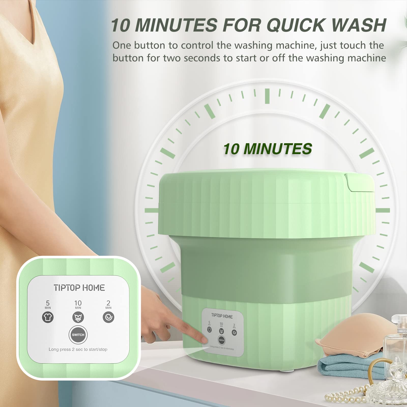 Bubbacare Portable Washing Machine, Mini Machine Ultrasonic Turbine Wash, Washer for Underwear, Sock, Baby Clothes, Travel, Camping, Dorm, RV, Home Foldable Small Laundry Green, JYJQ-26026 (MG)