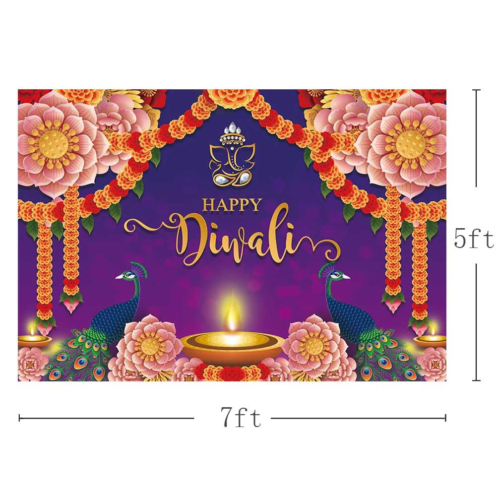 MEHOFOND 7x5ft Happy Diwali Party Backdrop Purple India Light Festival Photography Background Candle Burning Light Floral Peacock Diwali Party Decorations Cake Table Banner Photo Studio Supplies