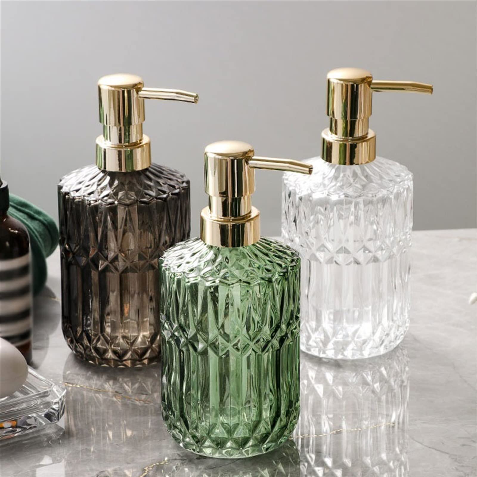 Soap Dispensers Exquisite Glass Soap Dispenser 390ML Multi-Function Liquid Dispensing Bottle Luxury Bathroom Lotion Bottle Lotion Pump Bottles (Color : Gold)