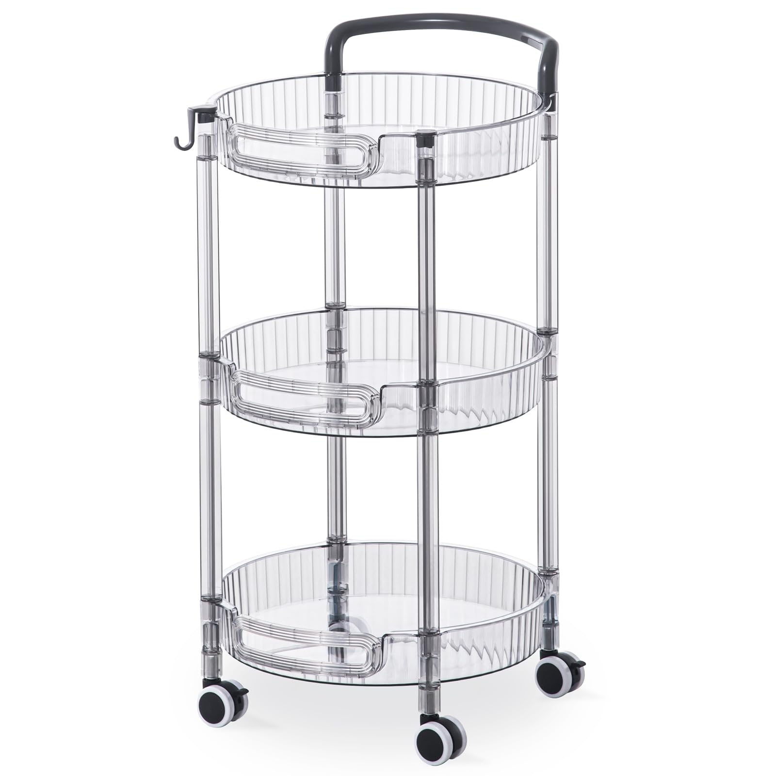 HYBRIDEAS 3-Tier Rolling Storage Cart with Wheels & Handle, Multi-Functional Small Round Plastic Movable Utility Organizer for Living Room, Bathroom, and Makeup