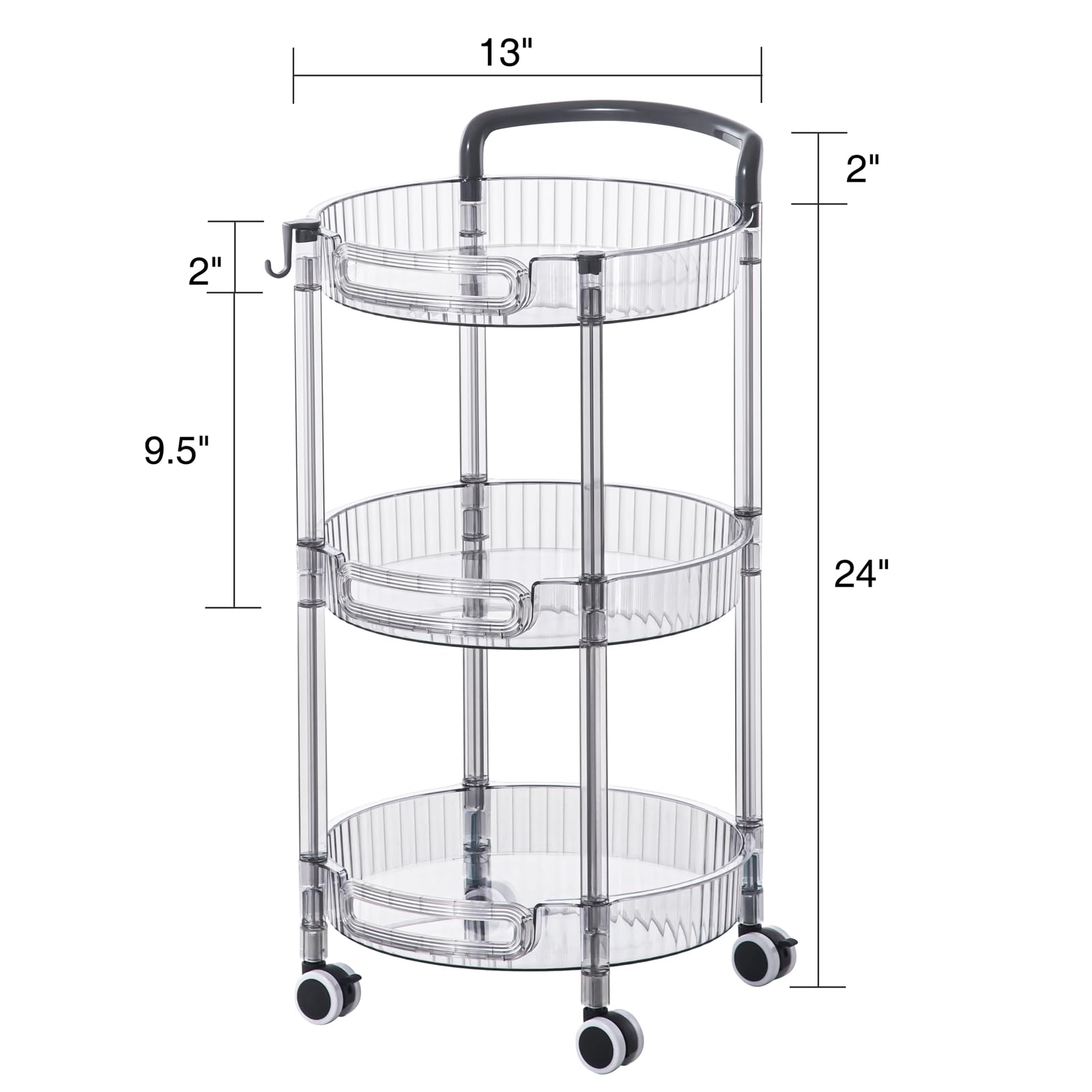 HYBRIDEAS 3-Tier Rolling Storage Cart with Wheels & Handle, Multi-Functional Small Round Plastic Movable Utility Organizer for Living Room, Bathroom, and Makeup