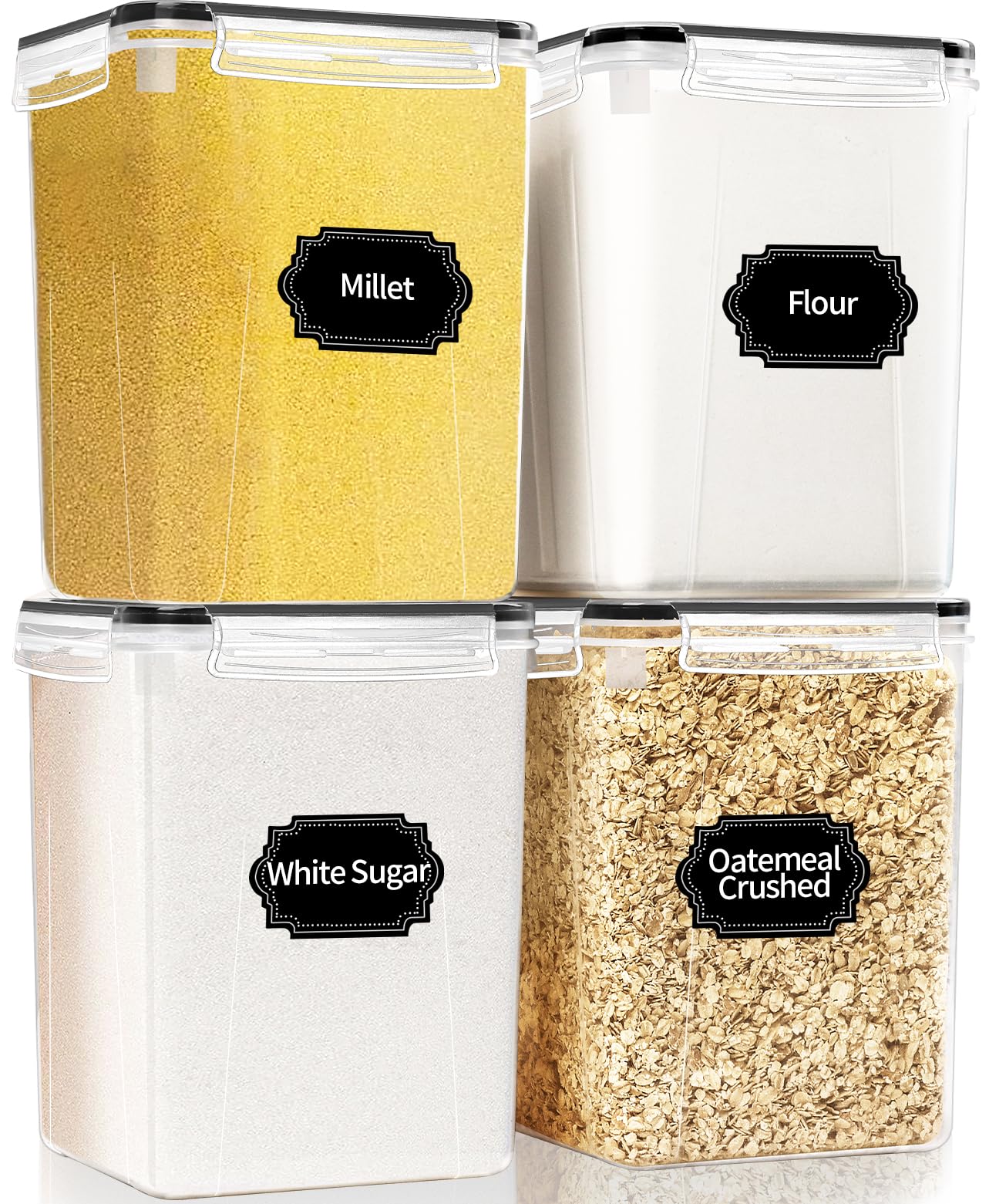 HKJ Chef 4 Pack Large Airtight Food Storage Containers with Lids (5.2L / 176oz), BPA Free Plastic Kitchen and Pantry Organization Contianers for Cereal Flour and Sugar Storage - Labels & Marker