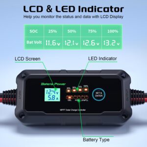 Bateria Power 10A 12V MPPT Solar Charge Controller, Intelligent Solar Panel Regulator with LED and LCD Display, Compatible with Sealed Flooded Gel AGM Lithium LiFePO4 Battery