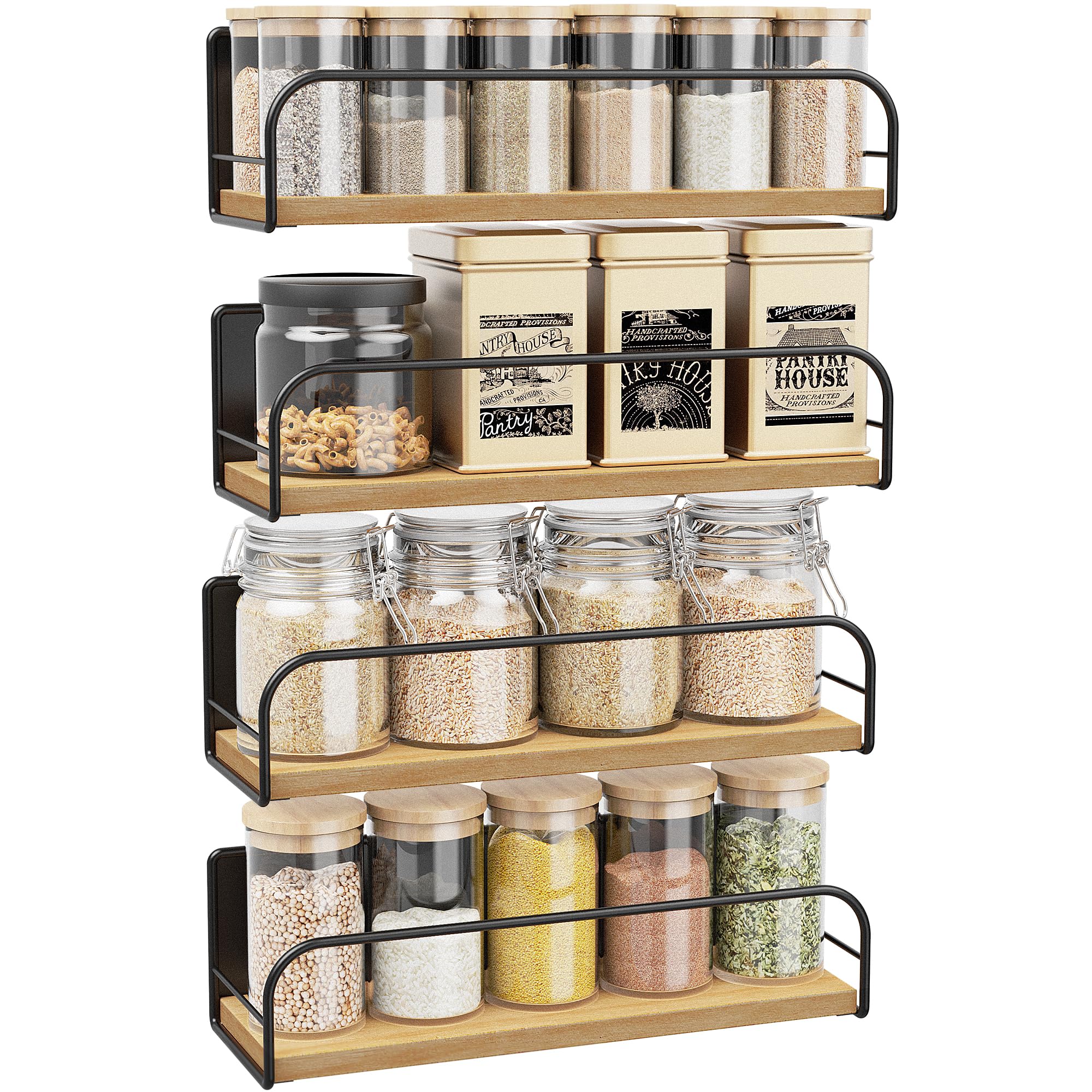 OROPY Magnetic Spice Racks for Refrigerator, Set of 4 Metal Kitchen Spice Organizer Shelf，Strong Magnetic Fridge Wood Holder