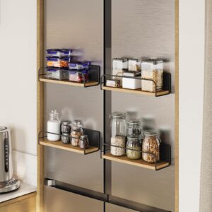 OROPY Magnetic Spice Racks for Refrigerator, Set of 4 Metal Kitchen Spice Organizer Shelf，Strong Magnetic Fridge Wood Holder