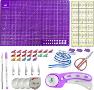 rotary cutter set, 38pcs 45mm rotary fabric cutter wheel set, fabric cutter wheel, quilting rotary cutters rolling fabric cutter wheel and a3 mat, rotary rolling cutter for sewing, quilting(purple)