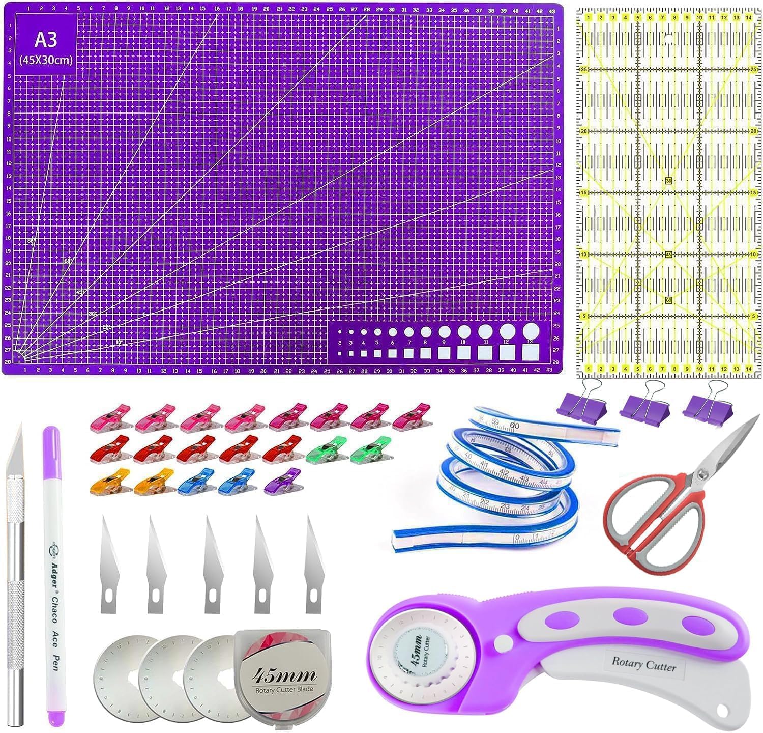 Rotary Cutter Set, 38PCS 45mm Rotary Fabric Cutter Wheel Set, Fabric Cutter Wheel, Quilting Rotary Cutters Rolling Fabric Cutter Wheel and A3 Mat, Rotary Rolling Cutter For Sewing, Quilting(Purple)