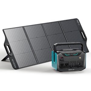 mokin solar generator, 300w portable power station with 120w foldable solar panel, emergency backup power source for camping, hiking, or power outage