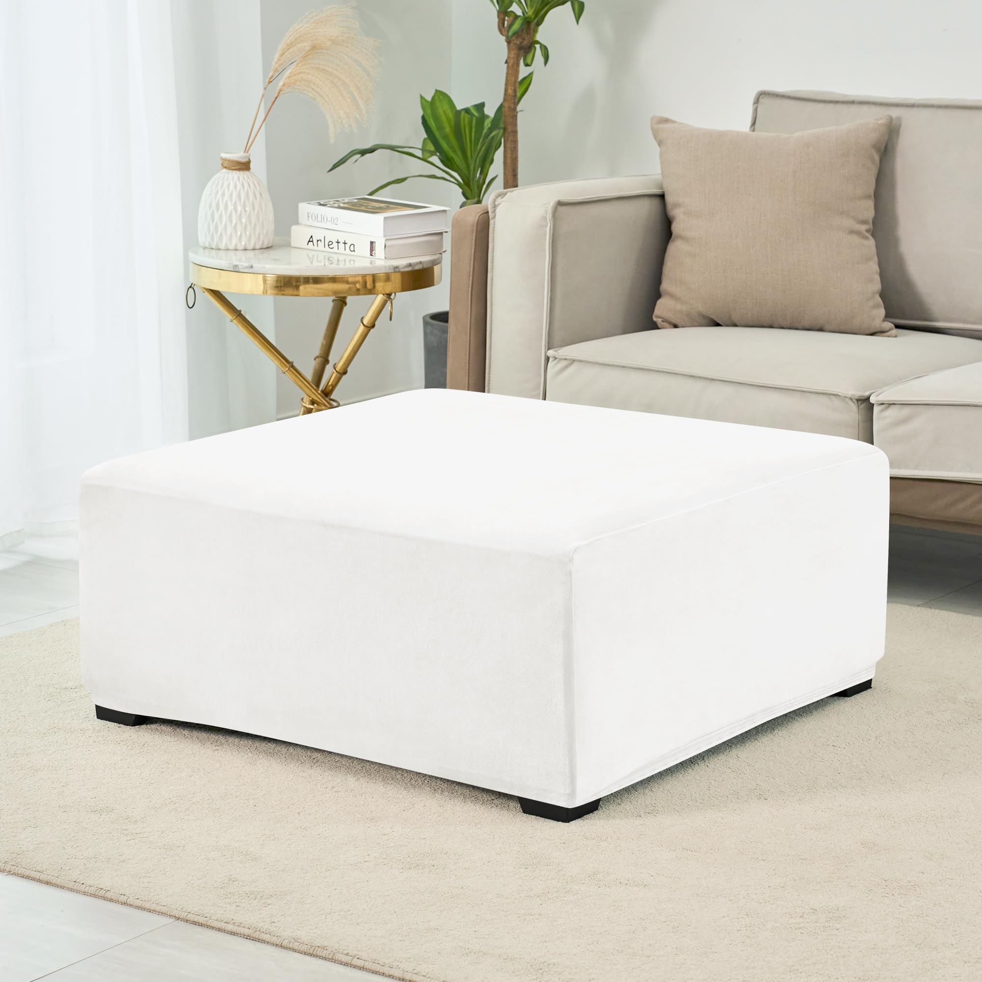 HFCNMY Ottoman Cover Square,Stretch Velvet Square Ottoman Cover Thick Ottoman Slipcover Square Washable Storage Ottoman Cover Foot Stool Cover with Elastic Bottom for Living Room White X-Large