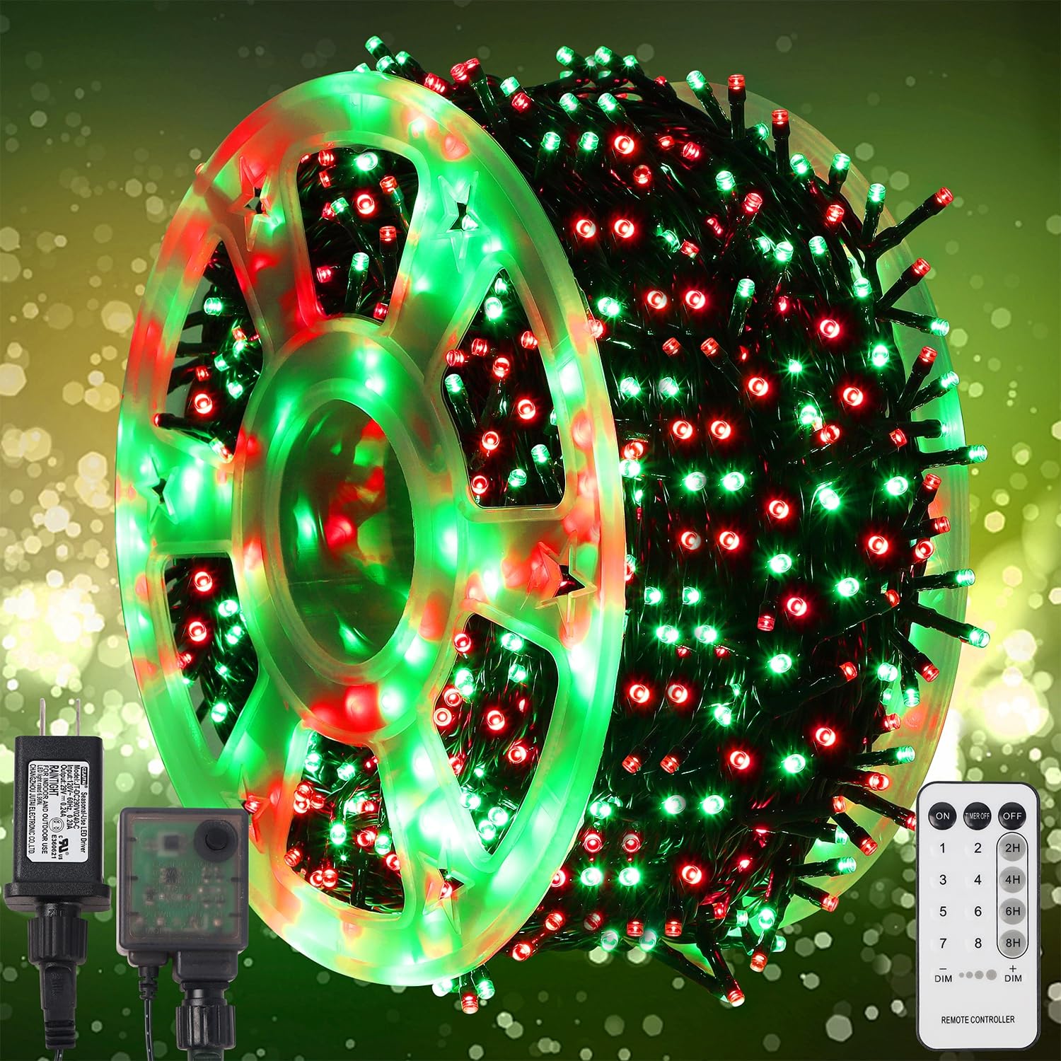 WATERGLIDE 1000 LED Christmas String Lights, 328 FT Green Wire LED Decorative Fairy Lights with Remote & 8 Modes, Waterproof for Outdoor Xmas Holiday Party Garden Wedding Home Decor, Red & Green