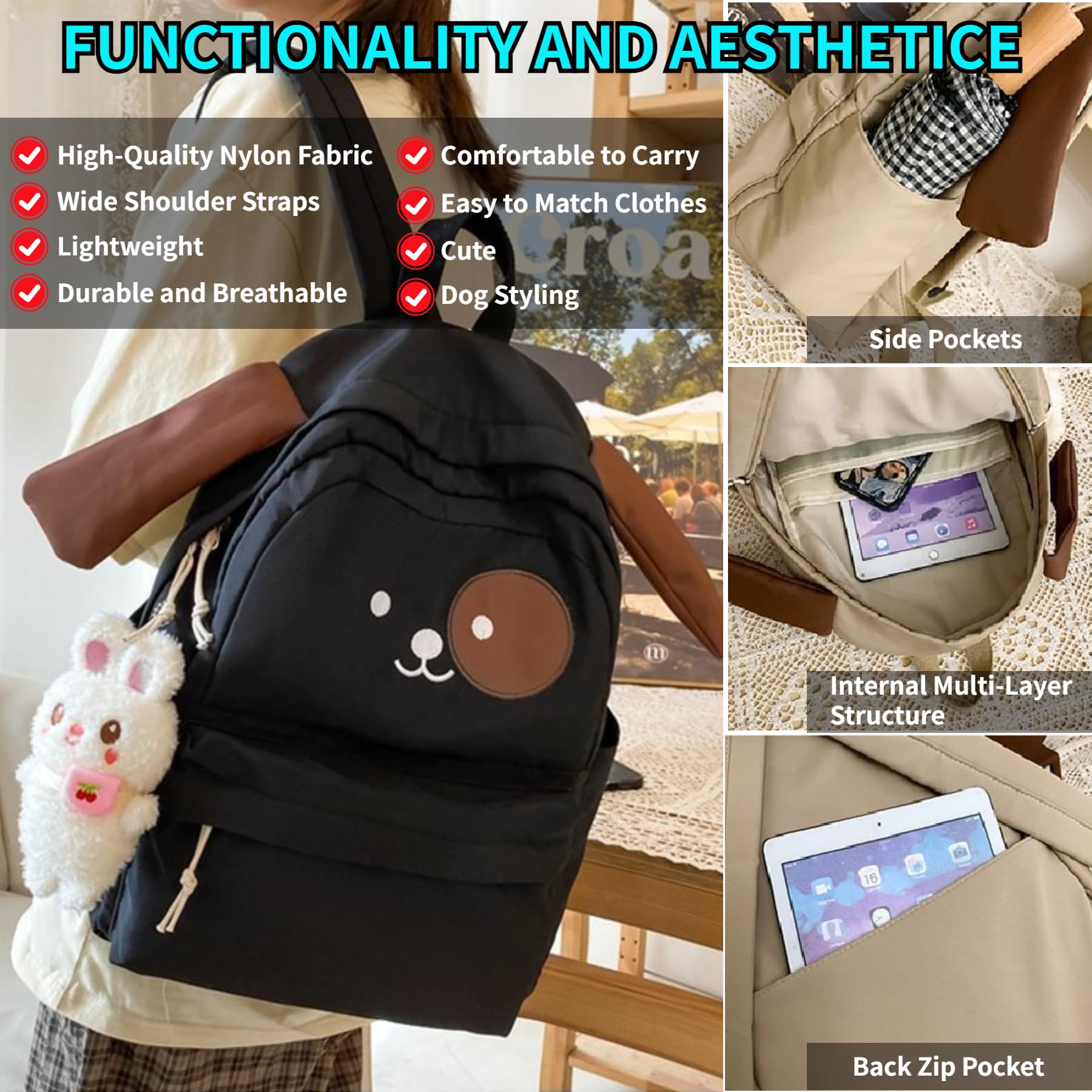 iwhgrmp Kawaii Backpack with Cute Accessories Plush Cartoon Pendant Cute Aesthetic Travel Backpack High-Capacity Daily Bag (Khaki_3628)