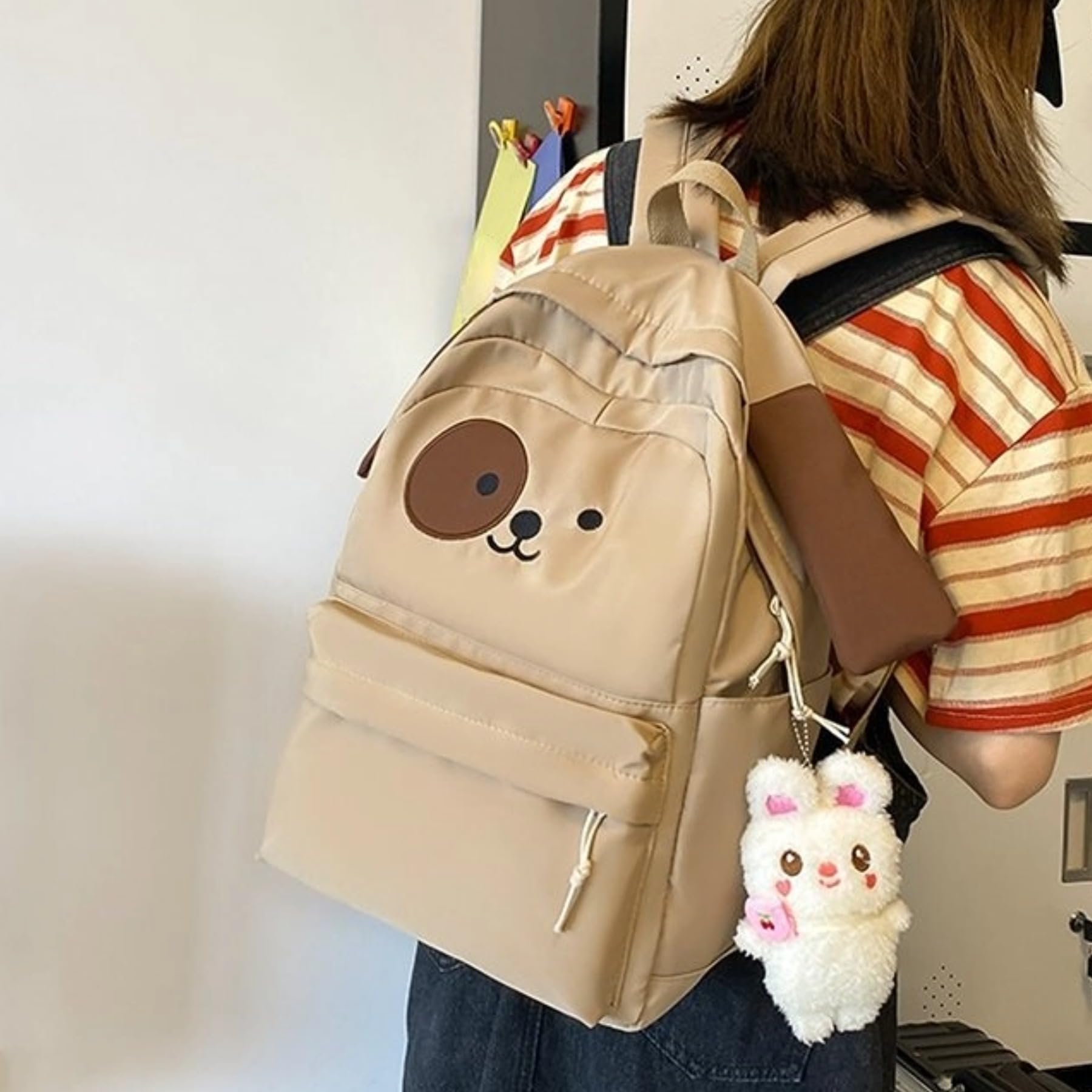 iwhgrmp Kawaii Backpack with Cute Accessories Plush Cartoon Pendant Cute Aesthetic Travel Backpack High-Capacity Daily Bag (Khaki_3628)