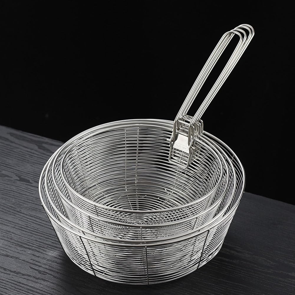 Stainless Steel Deep Fryer Basket for Frying Serving Food, Multifunctional Fry Basket with Detachable Handle Fryer Round Wire Mesh French Chip Frying Serving Food Presentation Tableware (8 Inch)