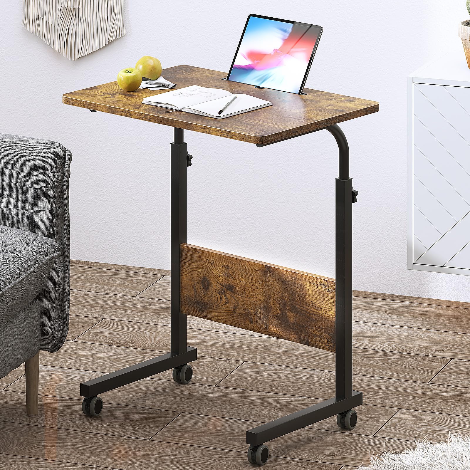 DlandHome Rolling Desk Mobile Standing Desk Mobile Side Table 23.6 Inches w/Wheels Adjustable Movable Portable Laptop Computer Stand for Bed Sofa,Retro,05-1-60FG