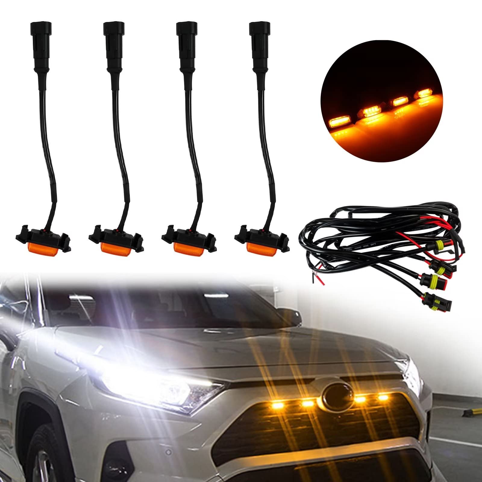 4x Amber Lens LED Grille Light Kit with Wiring Harness, Amber LED Front Grill Lighting Car Accessories for 2016-2021 Toyota Tacoma SR5 Extended Cab Pickup 4-Door