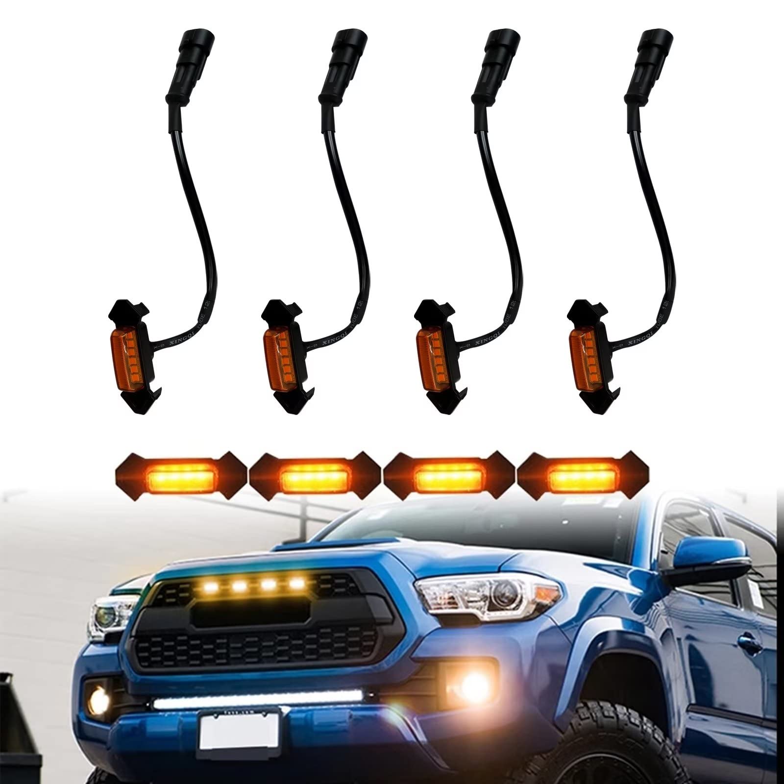 4x Amber Lens LED Grille Light Kit with Wiring Harness, Amber LED Front Grill Lighting Car Accessories for 2016-2021 Toyota Tacoma SR5 Extended Cab Pickup 4-Door