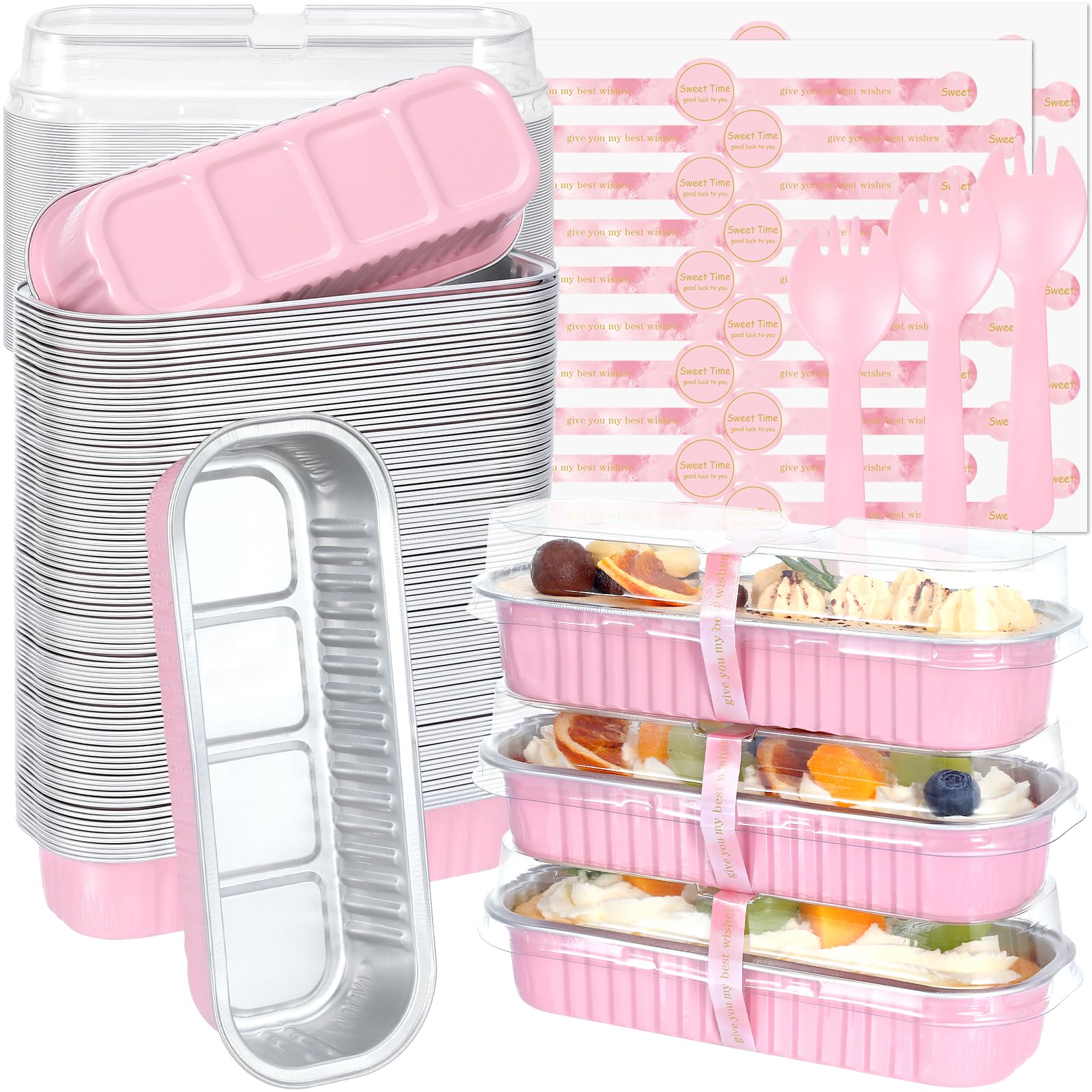 JuneHeart Mini Loaf Pans with Lids and Spoons, 100 Pack, Pink, 6.8oz, Rectangular Aluminum Foil Baking Pans