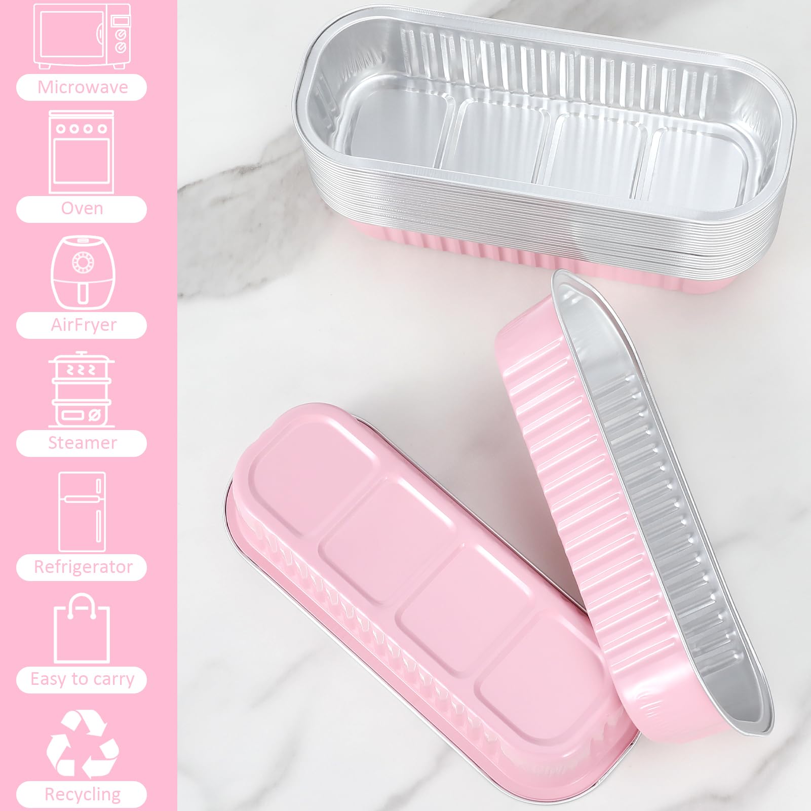 JuneHeart Mini Loaf Pans with Lids and Spoons, 100 Pack, Pink, 6.8oz, Rectangular Aluminum Foil Baking Pans