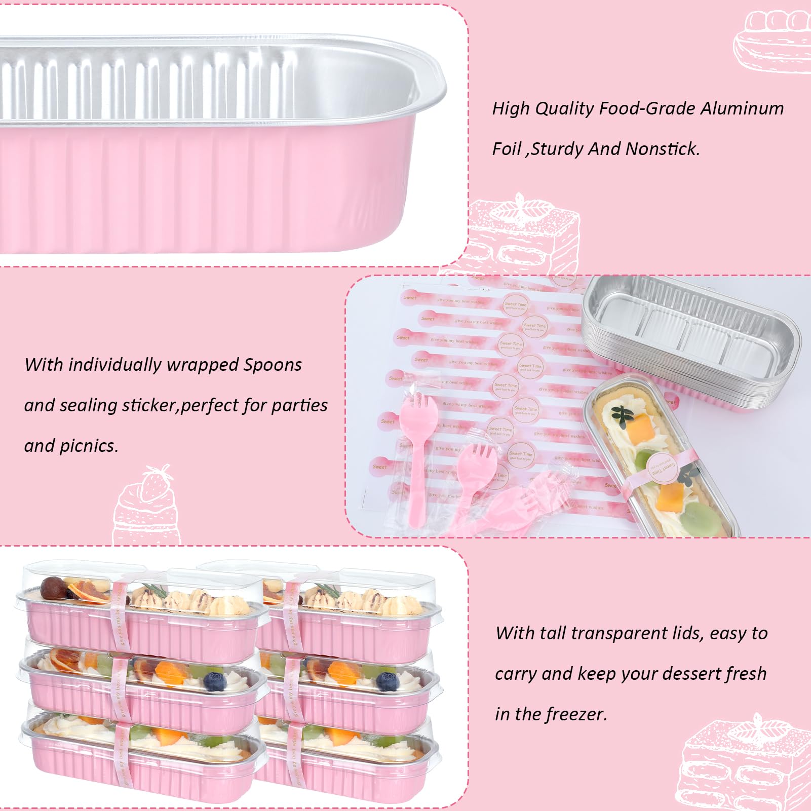 JuneHeart Mini Loaf Pans with Lids and Spoons, 100 Pack, Pink, 6.8oz, Rectangular Aluminum Foil Baking Pans