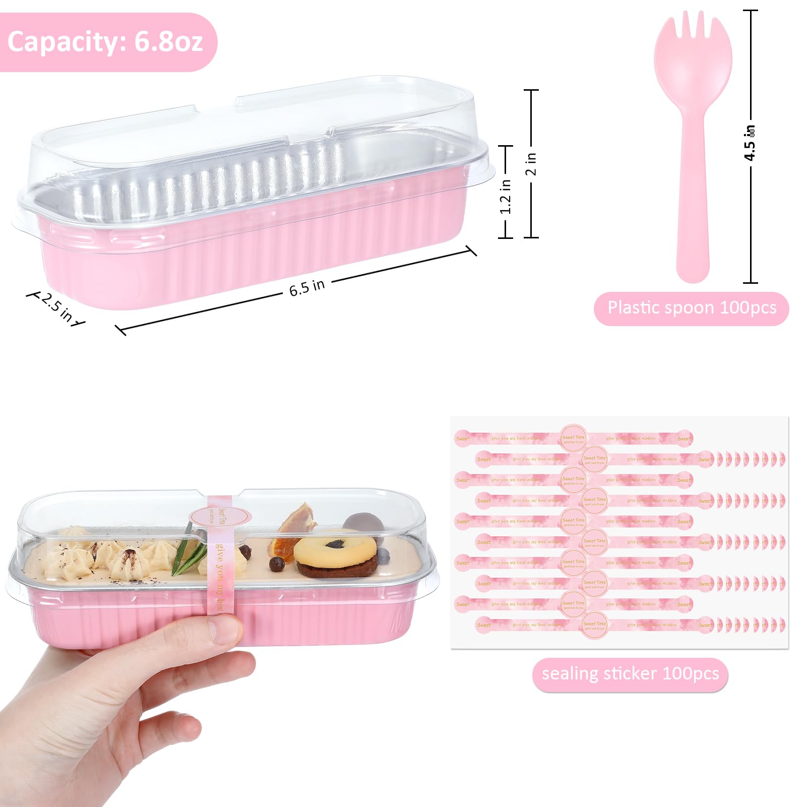 JuneHeart Mini Loaf Pans with Lids and Spoons, 100 Pack, Pink, 6.8oz, Rectangular Aluminum Foil Baking Pans