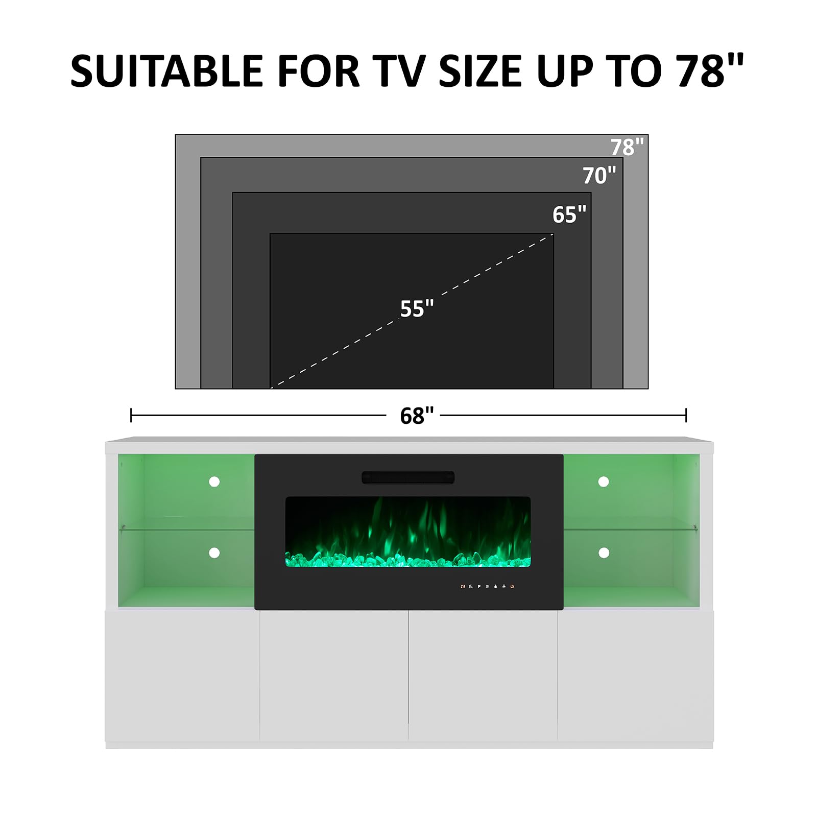 AMERLIFE 68'' Fireplace TV Stand with 40'' Fireplace, Modern High Gloss Fireplace Entertainment Center with LED Lights for TVs up to 78'', TV Console with Glass Shelves for Living Room, White & Black