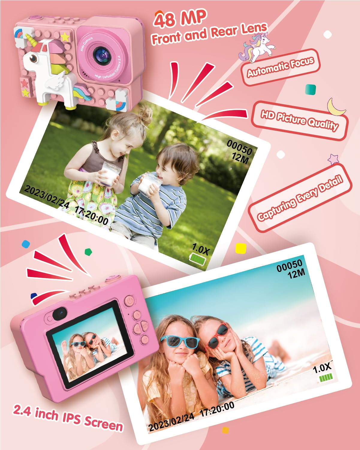 Kids Unicorn Camera Toys for Grils Boys: Kizeefun Mini HD Selfie Video Digital Camera for 3-12 Year Old Children, Christmas Birthday Gifts for 3 4 5 6 7 8 9 Baby Toddler