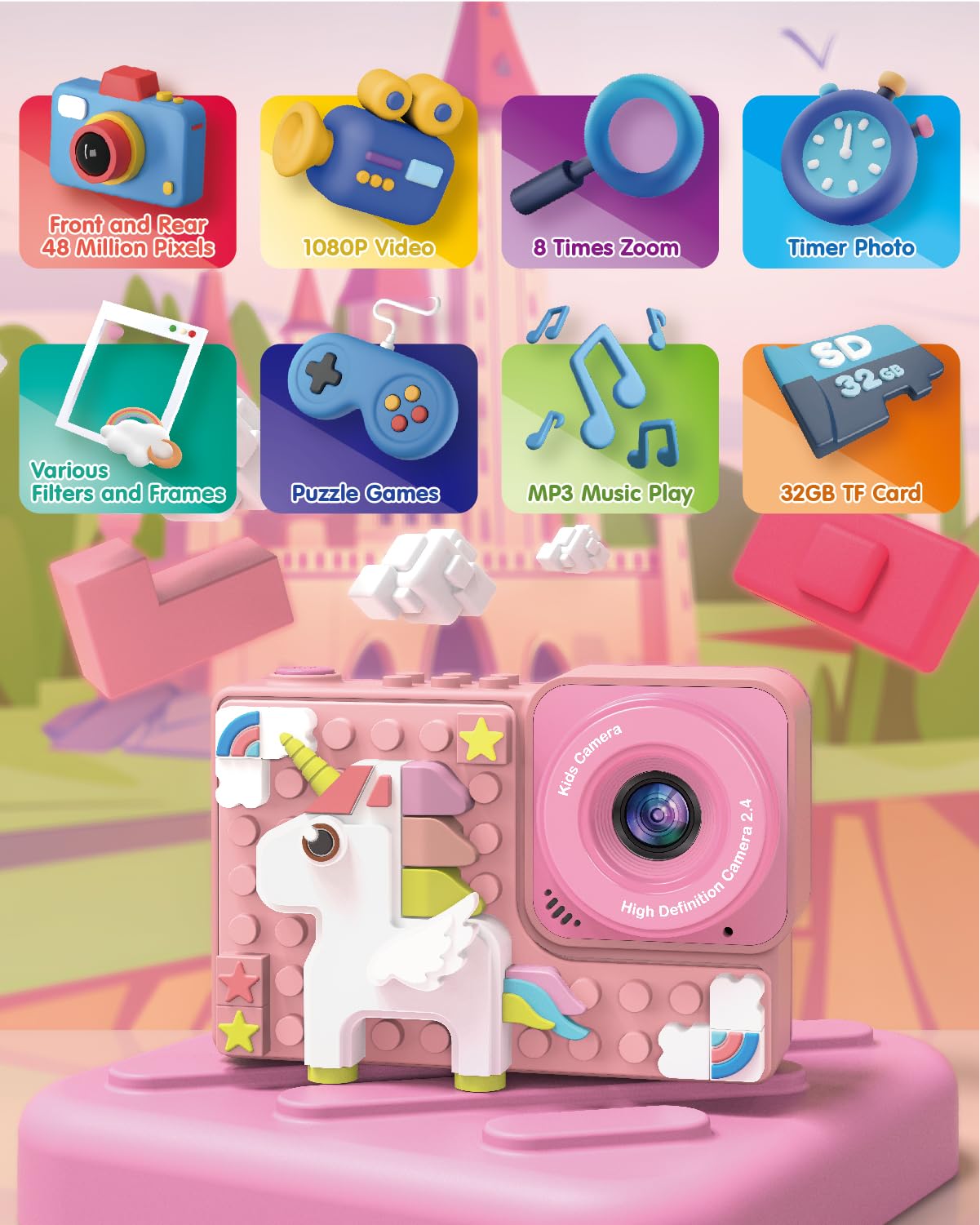 Kids Unicorn Camera Toys for Grils Boys: Kizeefun Mini HD Selfie Video Digital Camera for 3-12 Year Old Children, Christmas Birthday Gifts for 3 4 5 6 7 8 9 Baby Toddler