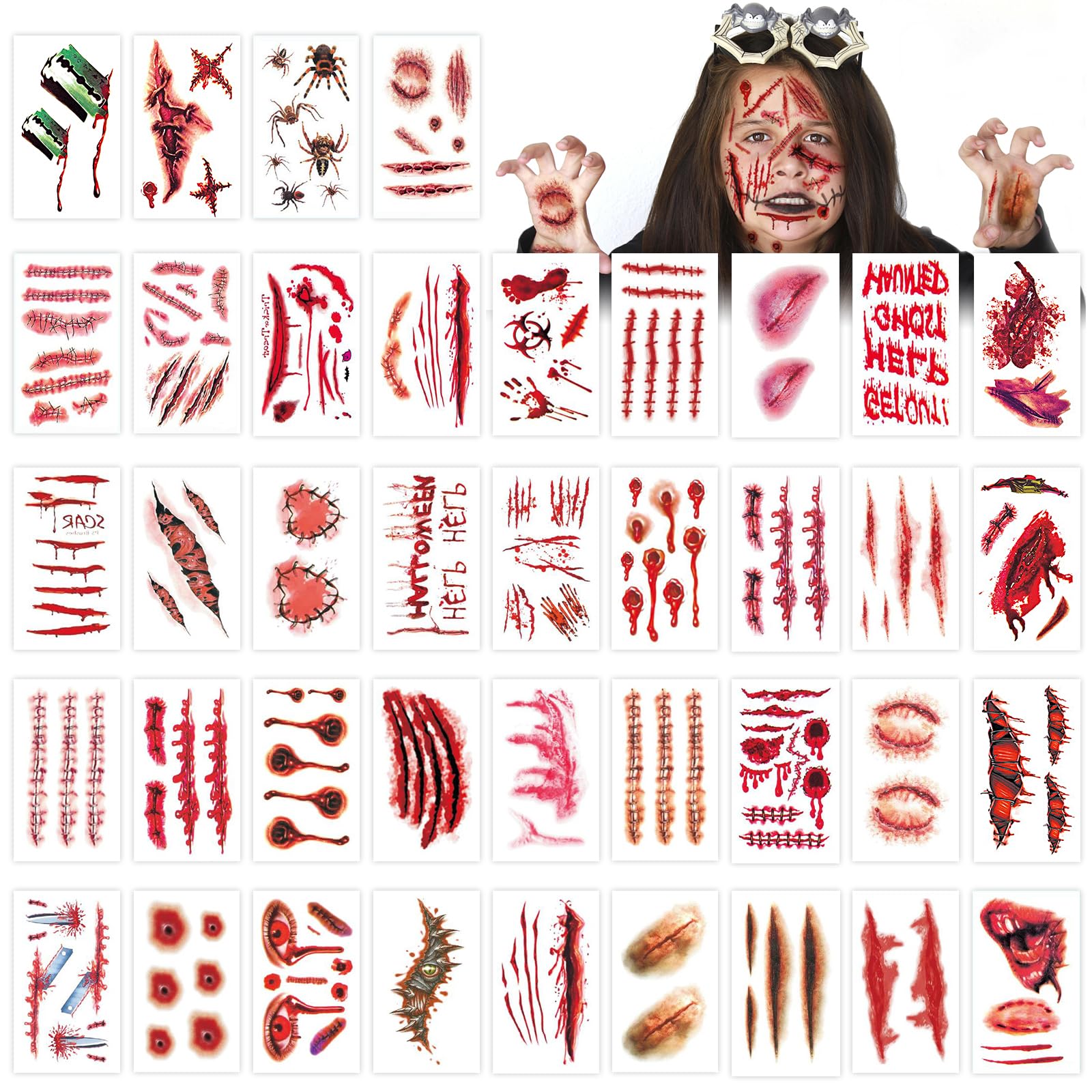 265 PCS 40 Sheets Fake Scars Temporary Tattoos, Horror Realistic Wound Stitch Face Body Makeup Zombie Sticker, Cosplay Masquerade Prank Scary Halloween Party for Kid Women Men Boys Girls