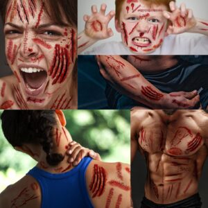 265 PCS 40 Sheets Fake Scars Temporary Tattoos, Horror Realistic Wound Stitch Face Body Makeup Zombie Sticker, Cosplay Masquerade Prank Scary Halloween Party for Kid Women Men Boys Girls