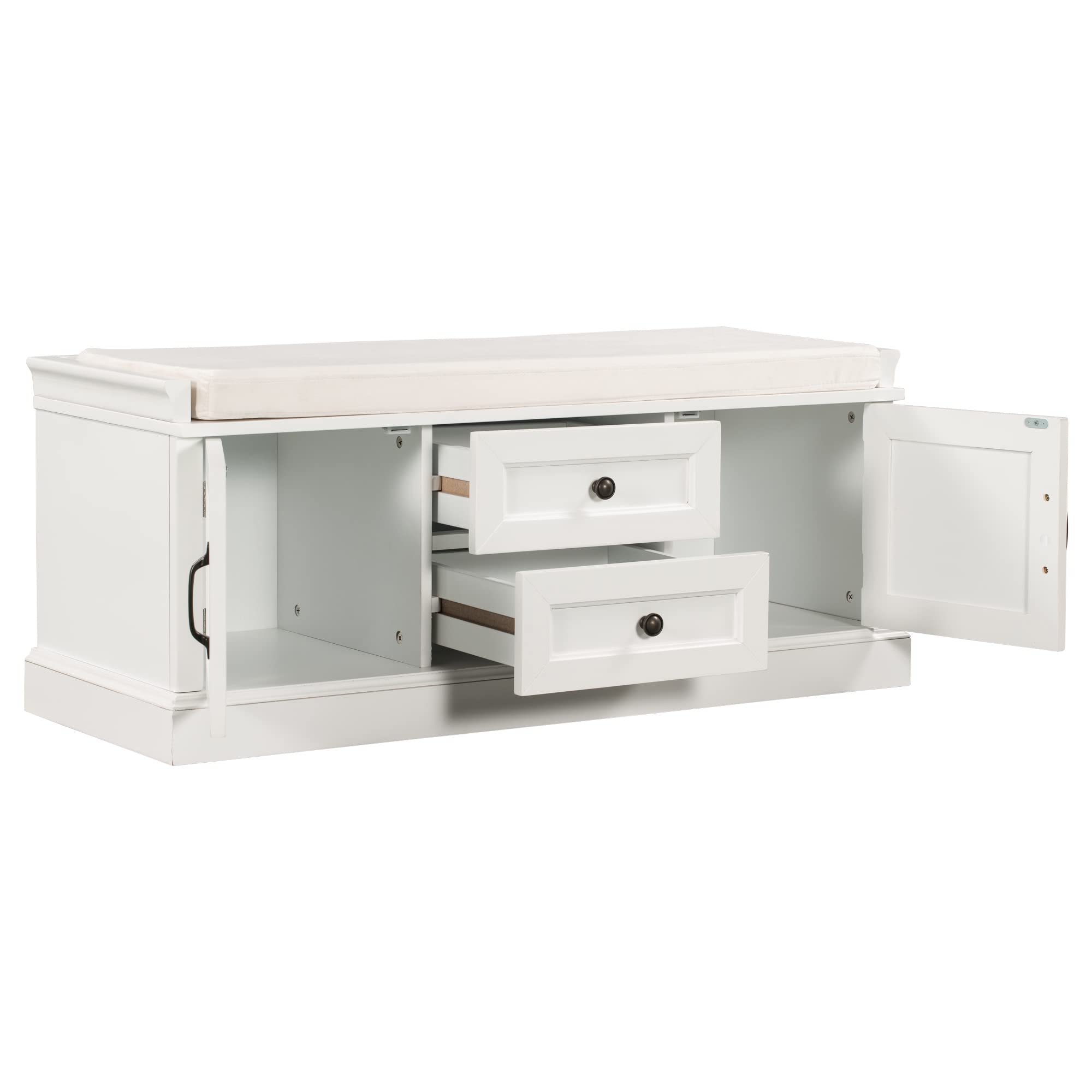 Shoe Bench Entryway with Storage, Entryway Bench with Removable Cushion, Solid Wood Storage Bench with 2 Drawers and 2 Cabinets for Living Room, Hallway, Closet, 42.5"L x 15.9"W x 17.5"H，White