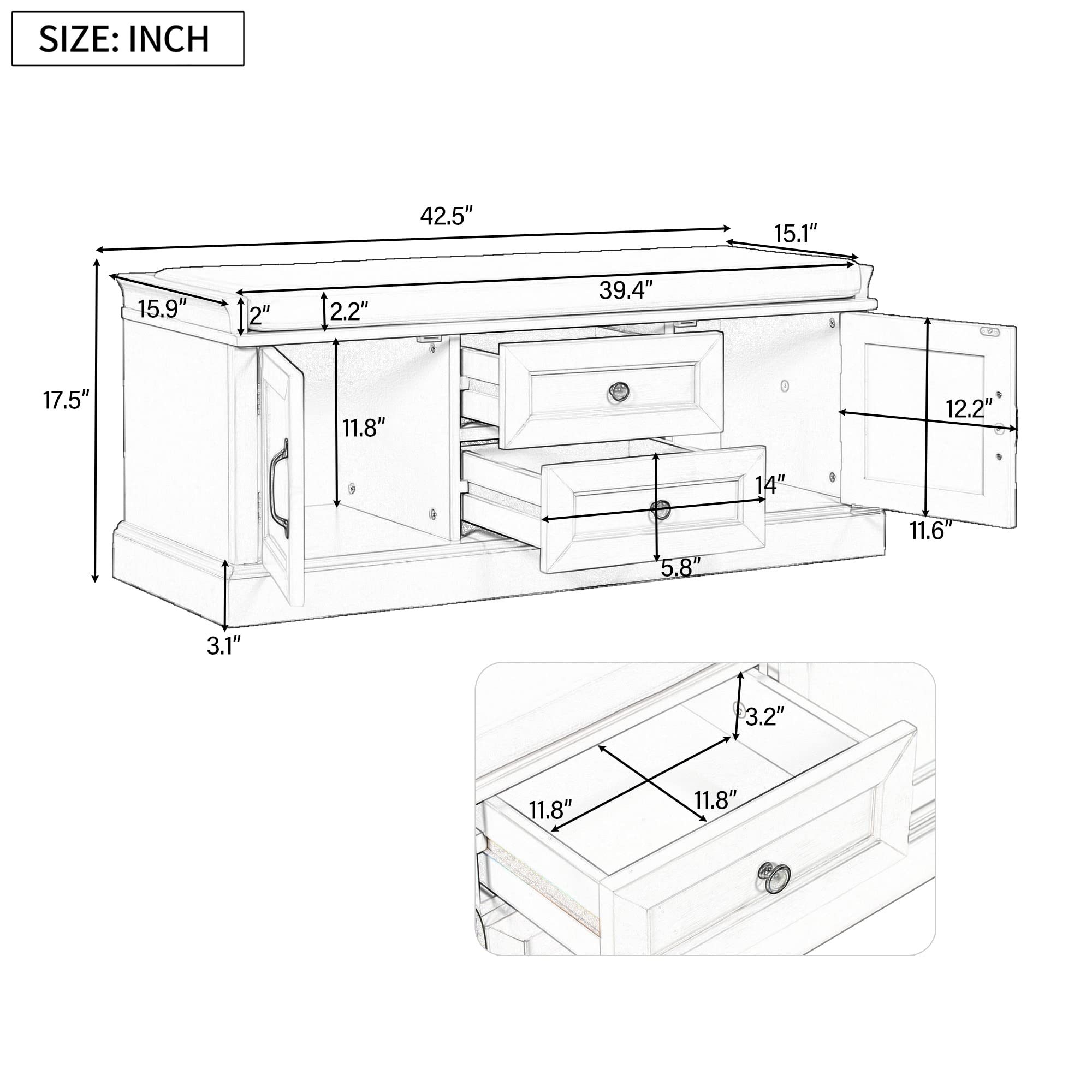 Shoe Bench Entryway with Storage, Entryway Bench with Removable Cushion, Solid Wood Storage Bench with 2 Drawers and 2 Cabinets for Living Room, Hallway, Closet, 42.5"L x 15.9"W x 17.5"H，White