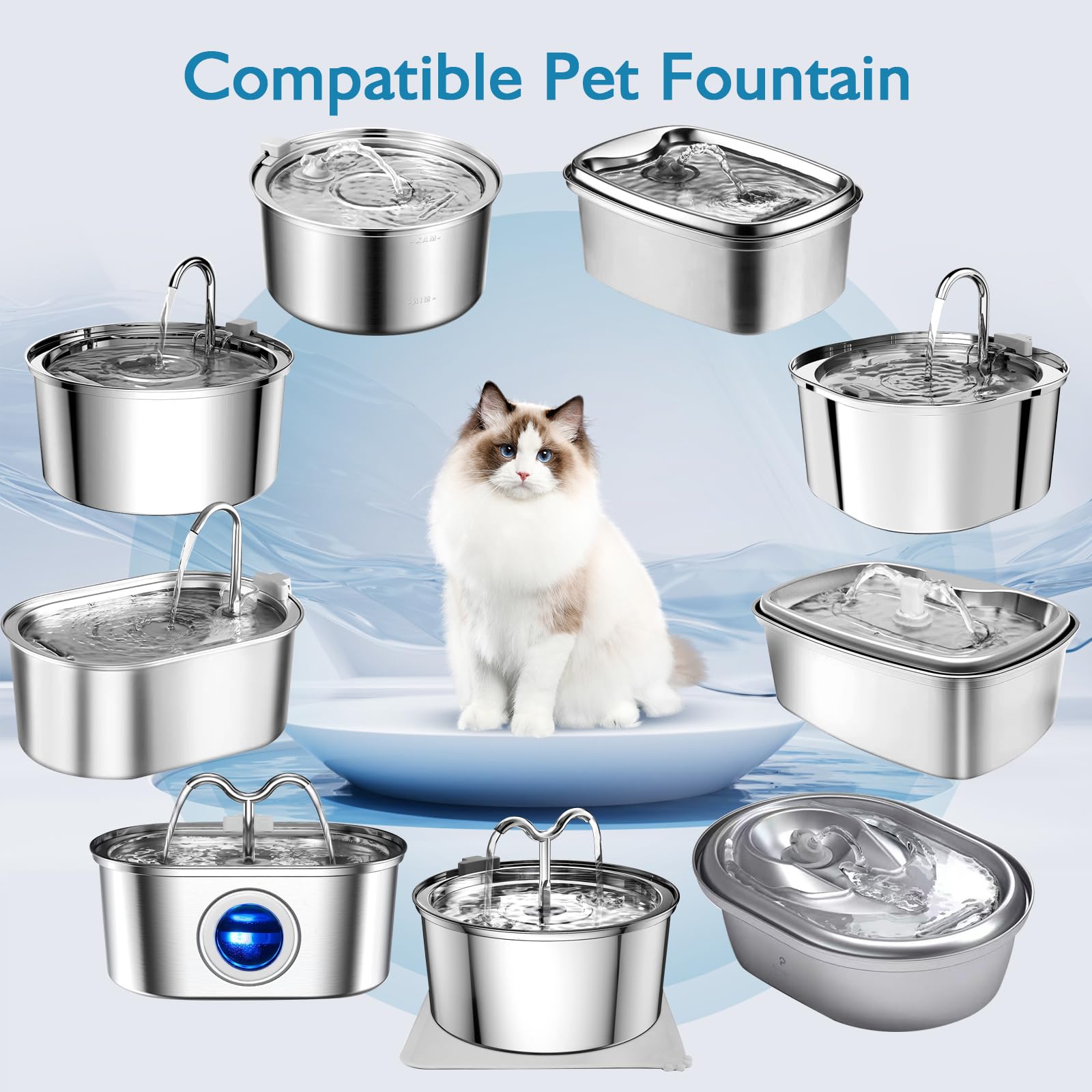 16 Pcs Cat Water Fountain Filters, Cat Fountain Filter Replacement for 108oz/3.2L & 67oz/2L Stainless Steel Cat Water Fountain Automatic Pet Fountain, 3 Filtration System (8 Filters & 8 Sponges)