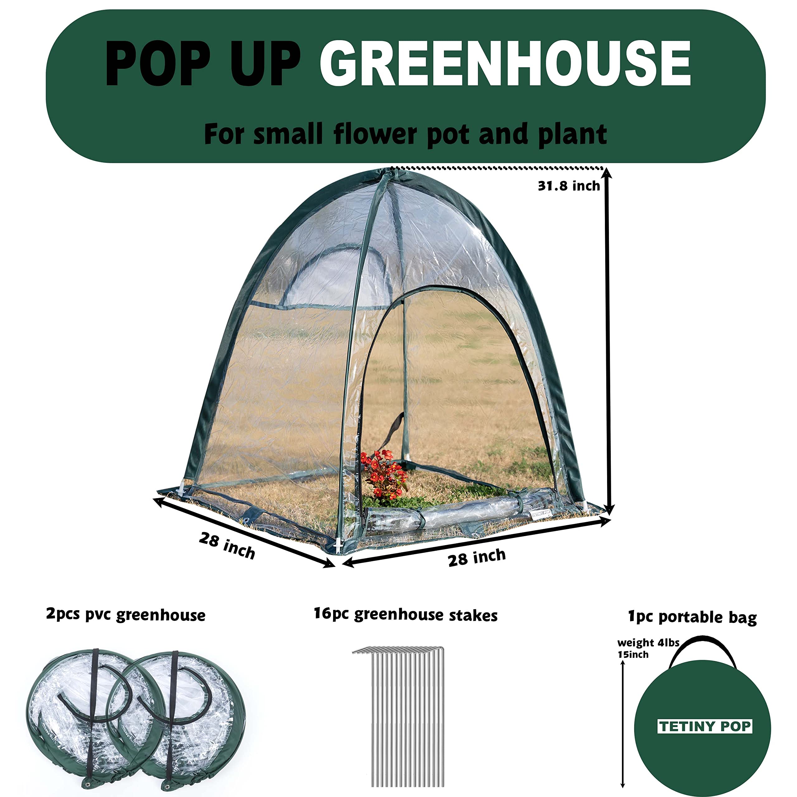 Easy Set-up Mini Greenhouse Pack of 2 Mini Pop up Flower House Backard Garden Plant Cover for Cold Forst Protection PVC Sunshine Room with Stakes and Carrybag (28" L x 28" W x 32" H)